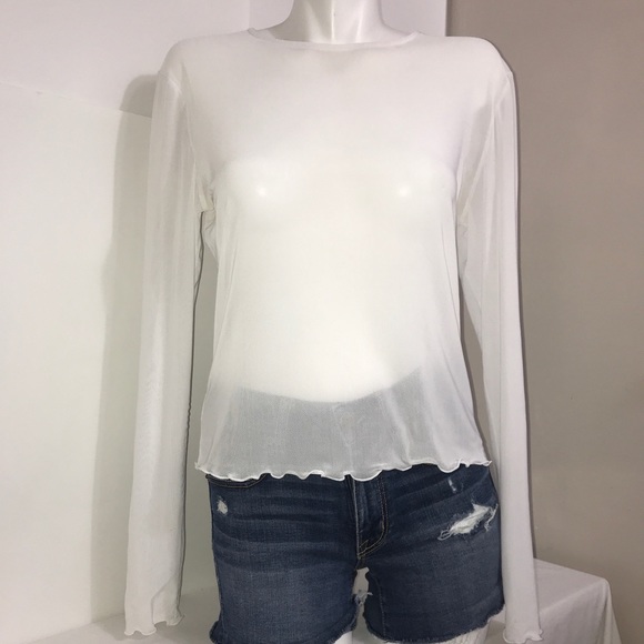 Tops | Basic White Lettuce Trim Mesh Net Long Sleeve Top | Poshmark